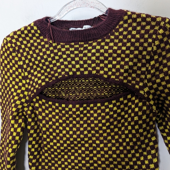 Zara | Sweaters | Nwt Zara Brownyellow Checker Jacquard Knit Cutout ...